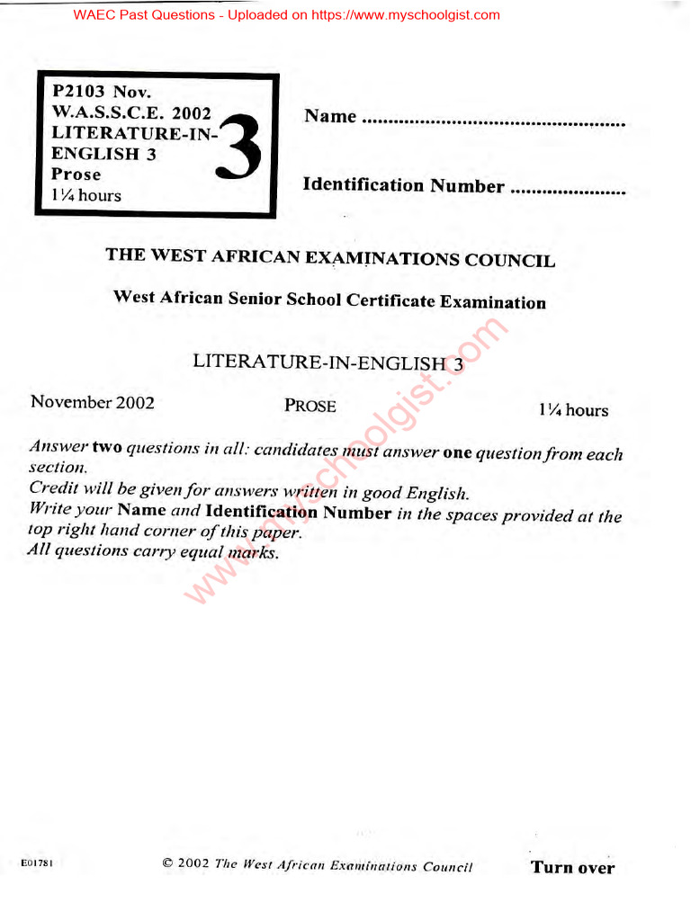 Waec Lit in English 2002 Nov Prose Paper 3 | PDF