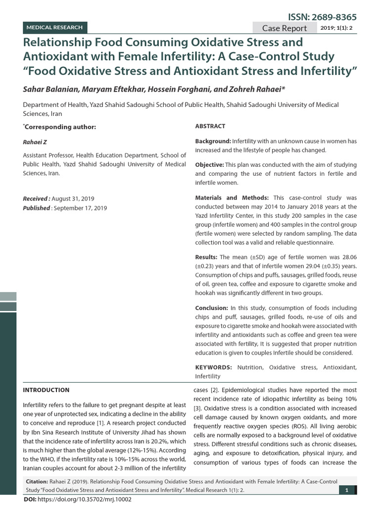Relationship Food Consuming Oxidative Stress and Antioxidant With Female Infertility A Case ...