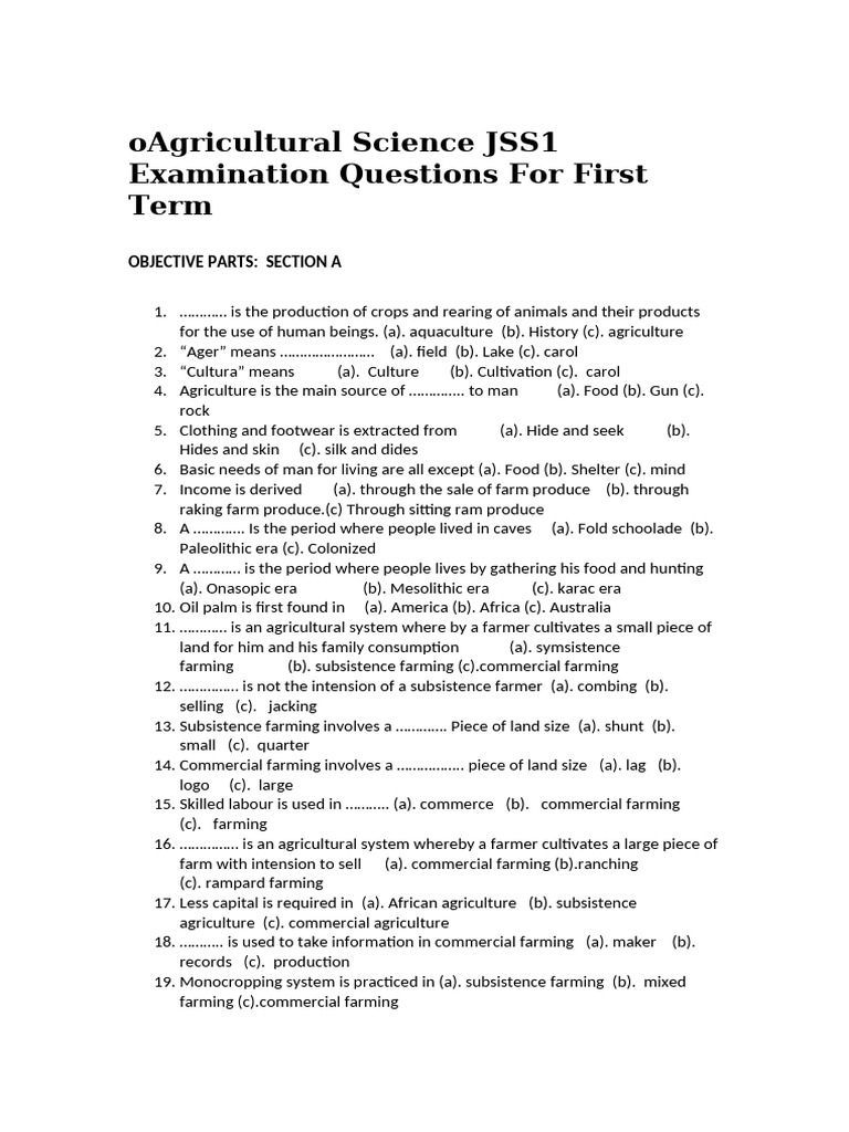 JSS1 Agricultural Science Exam Questions | PDF | Crops | Agriculture