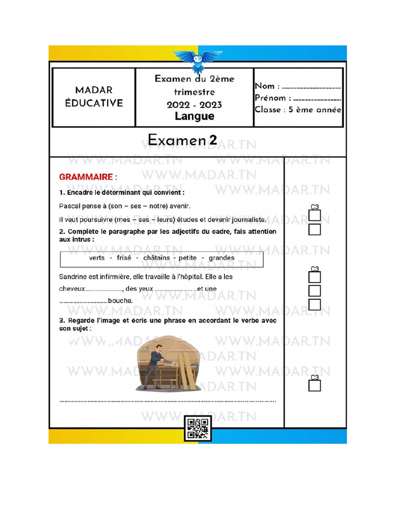 Devoir Grammaire 6éme Trimestre 2 | PDF
