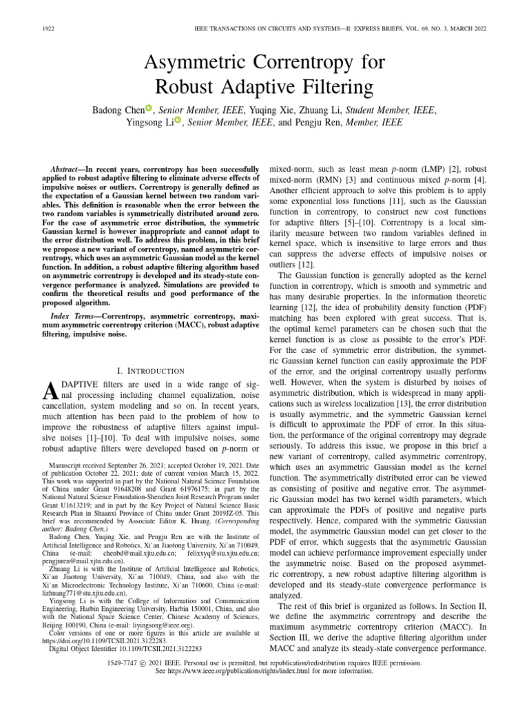 Asymmetric_Correntropy_for_Robust_Adaptive_Filtering | PDF | Normal Distribution | Robust Statistics