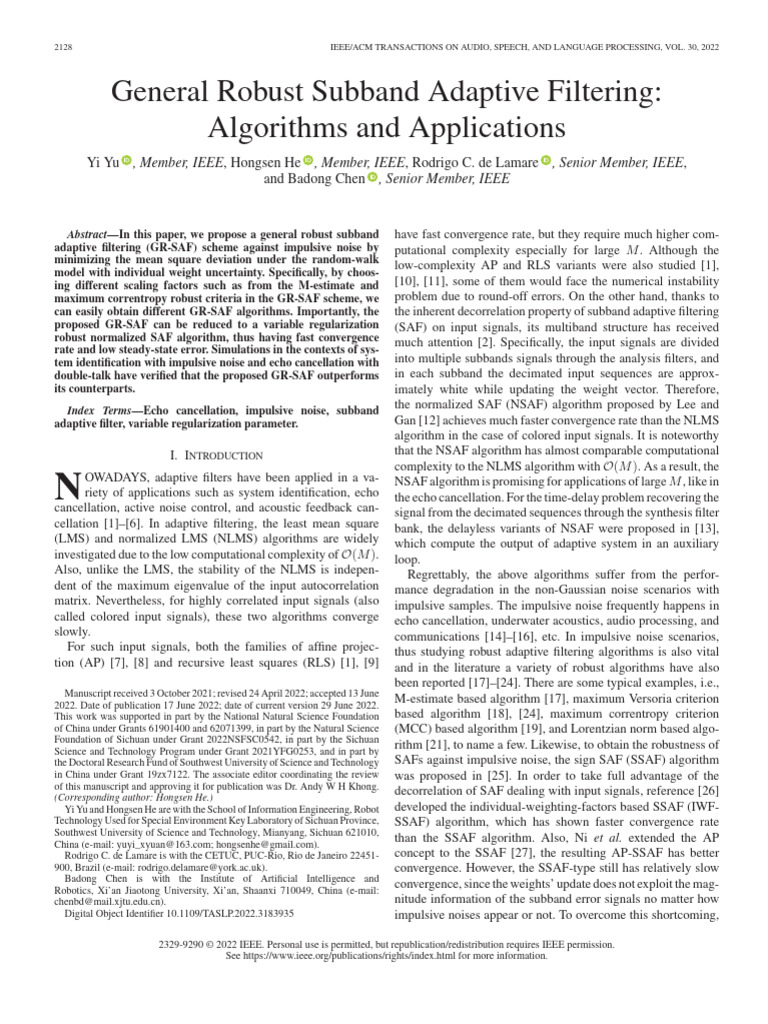 General Robust Subband Adaptive Filtering Algorithms and Applications | PDF | Applied ...