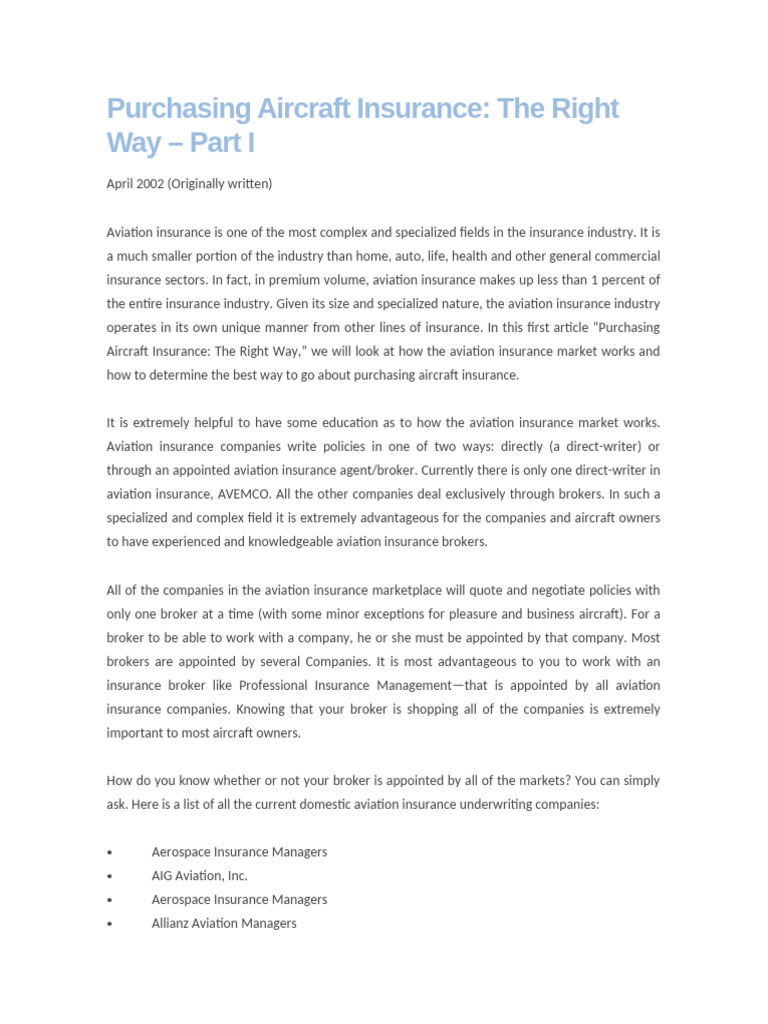 AVIATION - REFERENCE - Purchasing Aircraft Insurance | PDF | Insurance ...