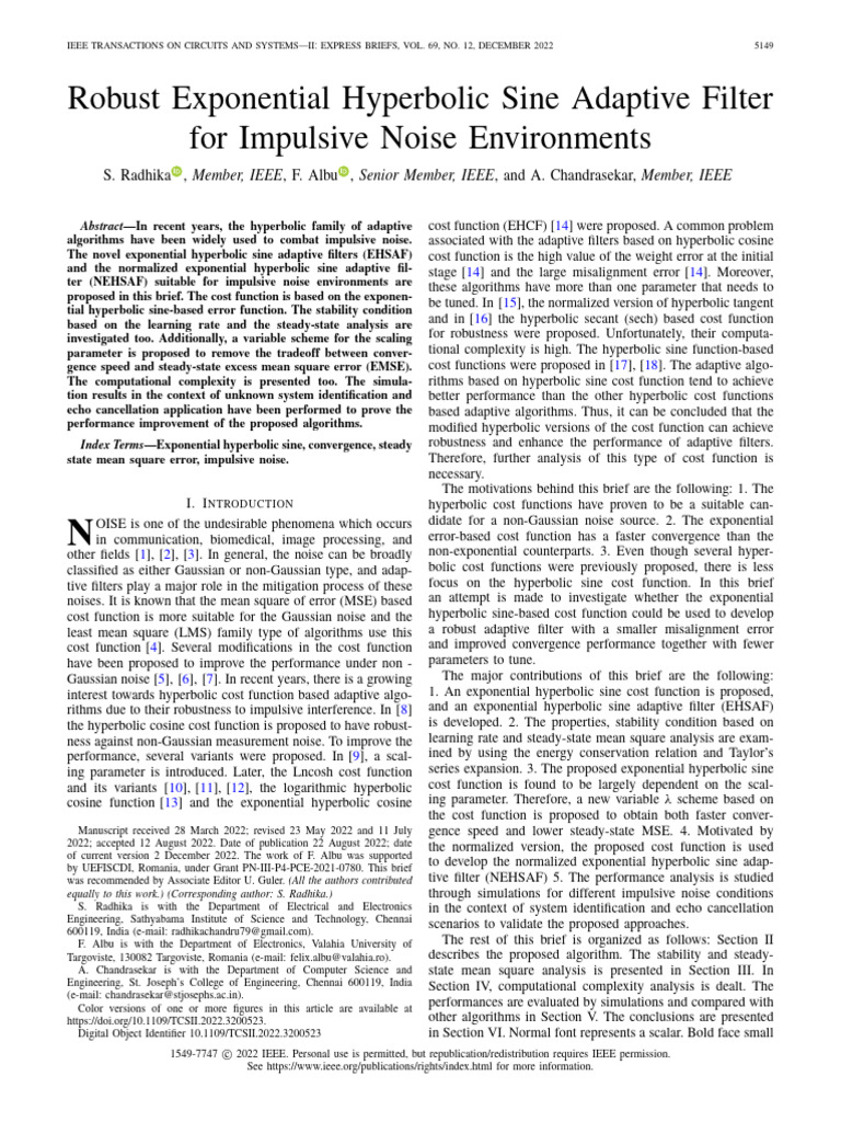 Robust Exponential Hyperbolic Sine Adaptive Filter For Impulsive Noise ...