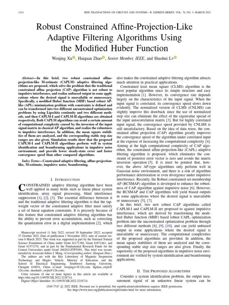 Robust Constrained Affine-Projection-Like Adaptive Filtering Algorithms Using The Modified Huber ...