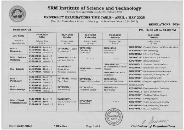 University Examination Time Table - Current Semester | PDF