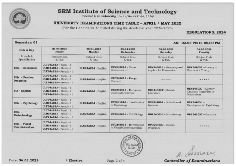 University Examination Time Table - Arrear | PDF