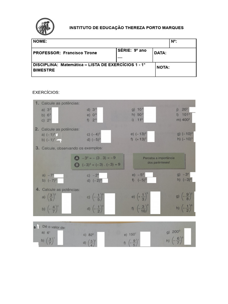 LISTA DE EXERC-CIOS 1 2025 9 Ano | PDF