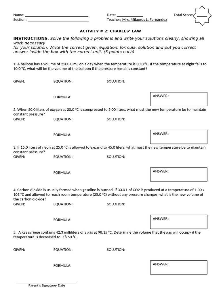 Charle's Law Activity Sheet | PDF
