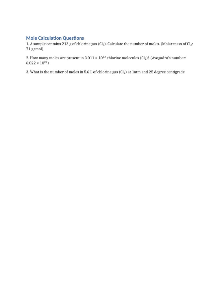 Mole Calculation Questions | PDF