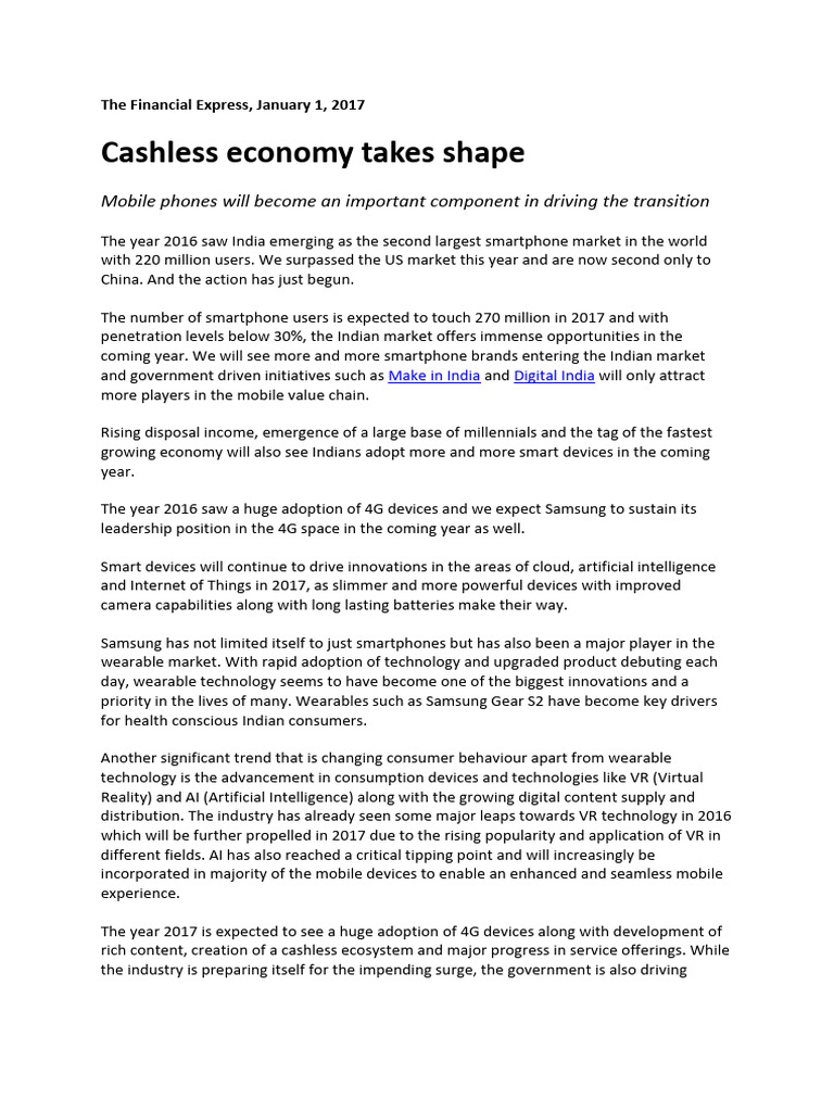 Cashless Economy Takes Shape - Mobile Phones Will Become An Important ...