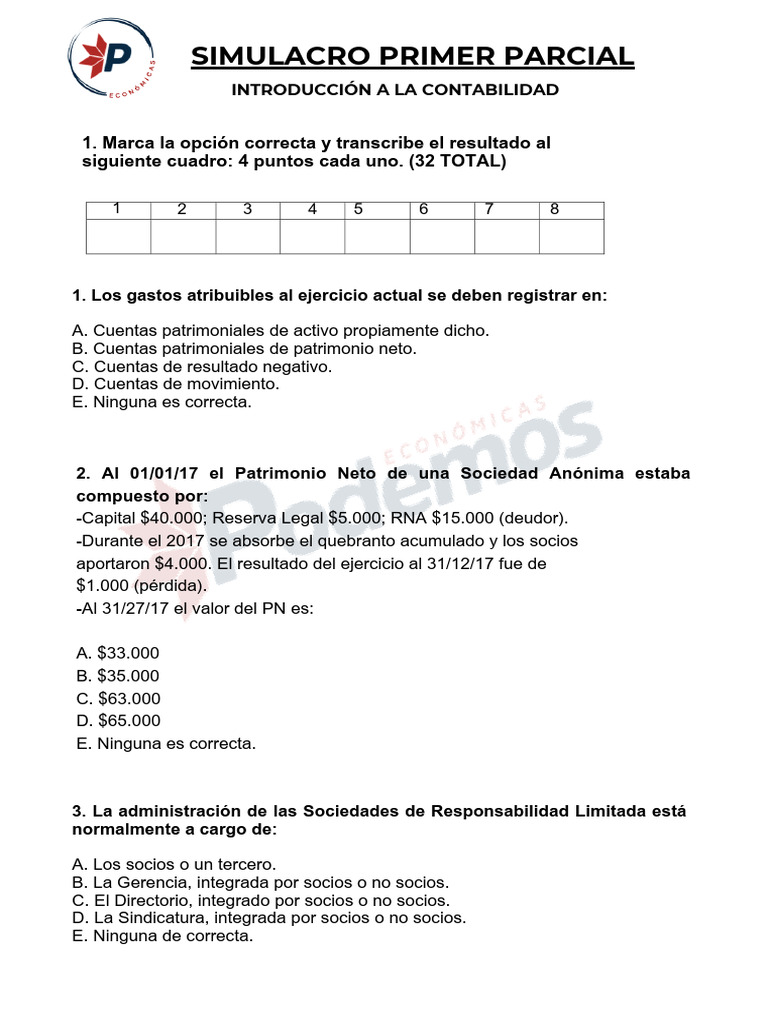 Simulacro Primer Parcial Contabilidad | PDF | Hoja de balance | Contabilidad