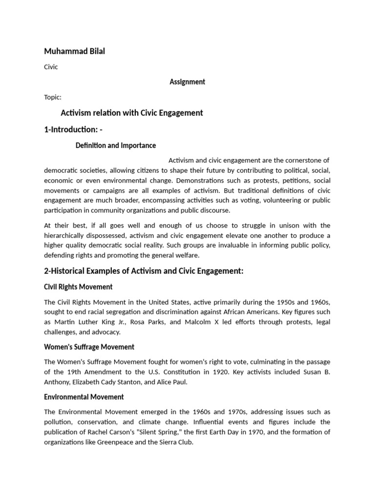 MUHAMMAD BILAL CIVIC ASSIGNMENT | PDF | Activism | Civic Engagement