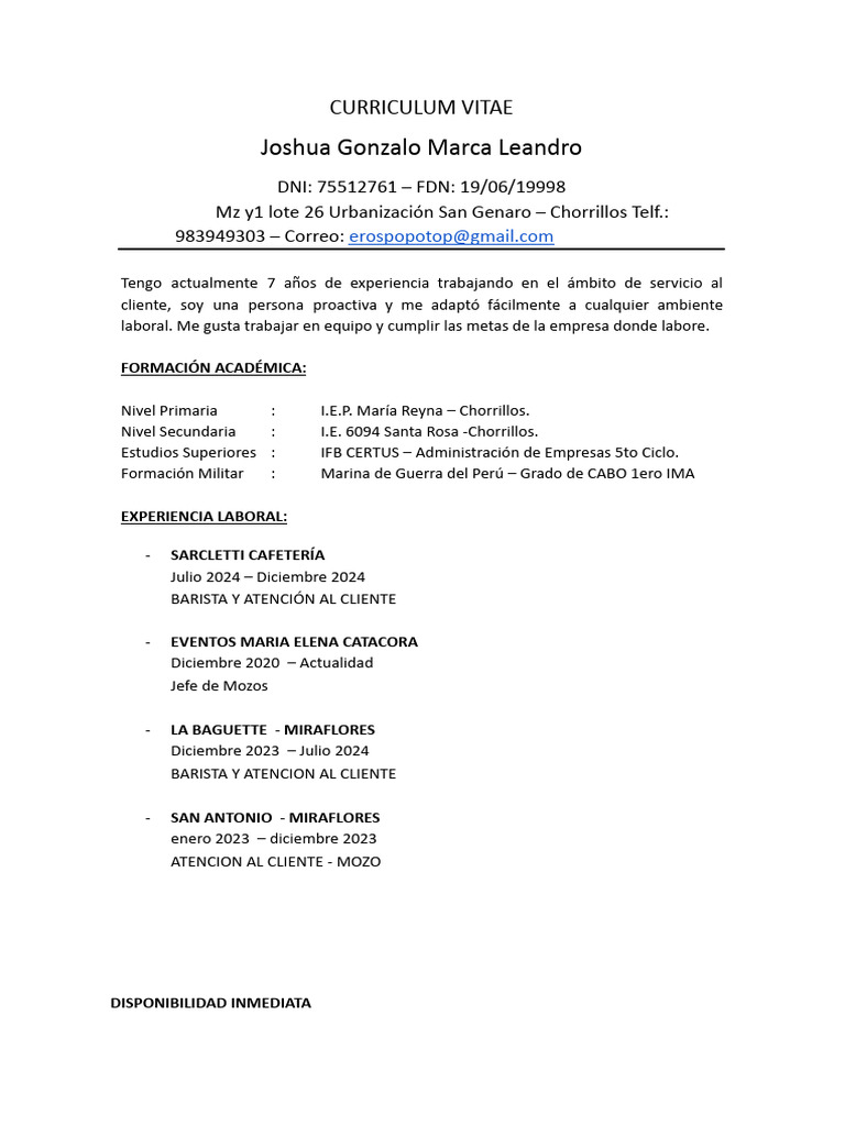 Curriculum Vitae Joshua 2025 Atencion Al Cliente | PDF
