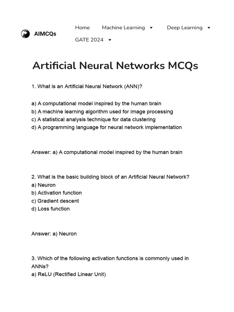 MCQs - Artificial Neural Networks - Components and Concepts - AIMCQs | PDF | Applied Mathematics ...