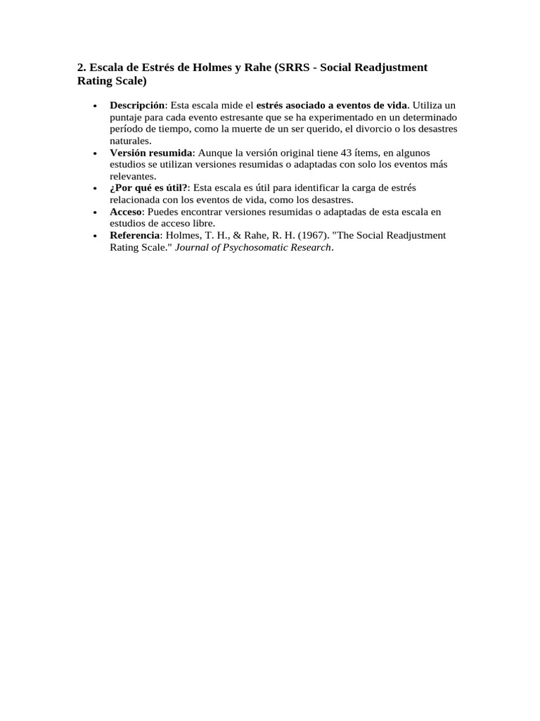 2. Escala de Estrés de Holmes y Rahe (SRRS - Social Readjustment Rating ...
