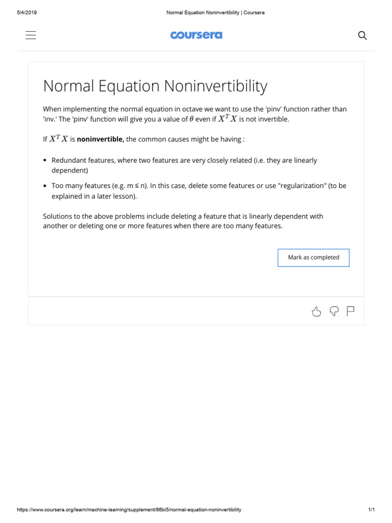 Normal Equation Noninvertibility - Coursera | PDF
