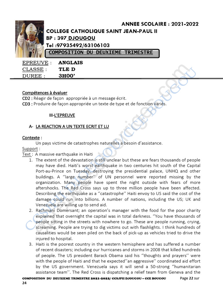 COMPOSITION DU 2ÈME TRIMESTRE ANGLAIS TLE D 2021-2022 COLLEGE CATHOLIQUE SAINT JEAN-PAUL II ...