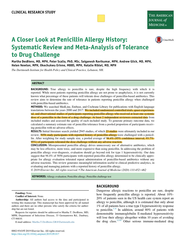 A Closer Look at Penicillin Allergy History: Systematic Review and Meta ...
