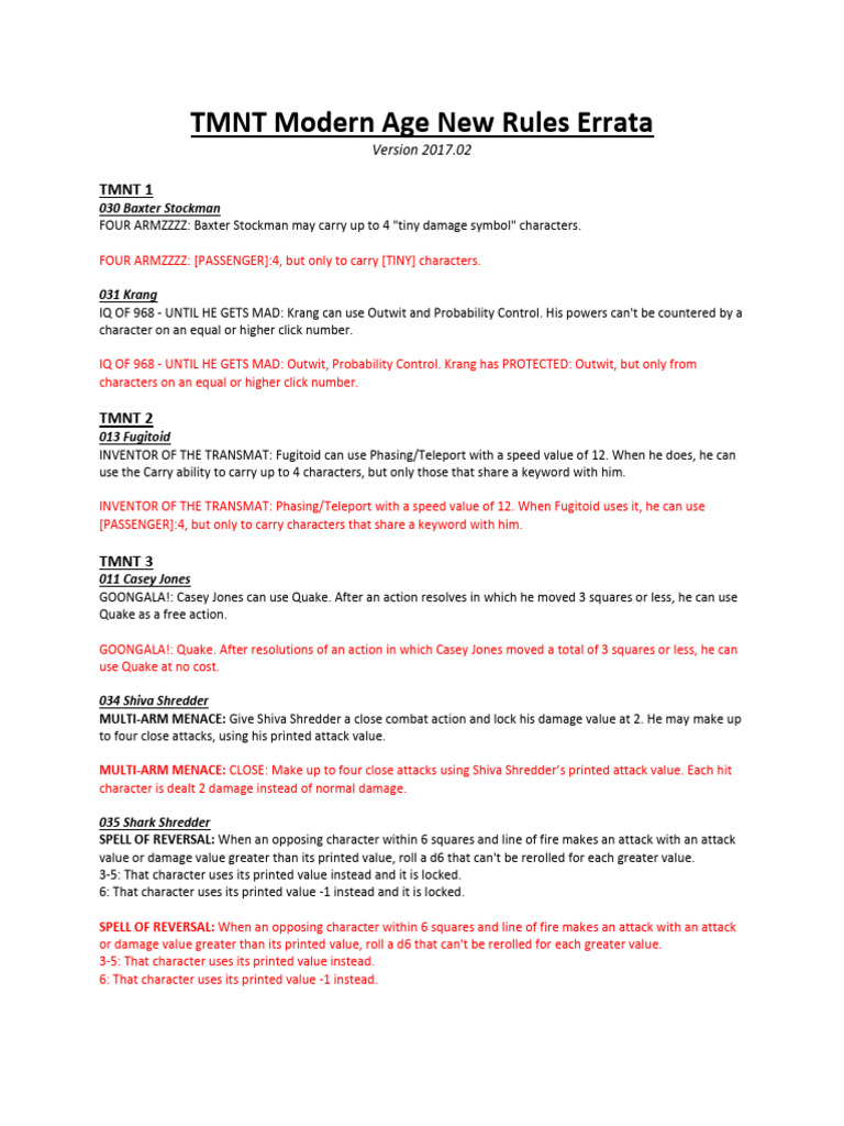 TMNT Modern Age New Rules Errata 2017.02 | PDF