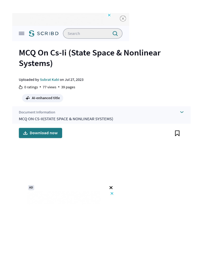 MCQ On Cs-Ii (State Space & Nonlinear Systems) - PDF | PDF | Scribd ...
