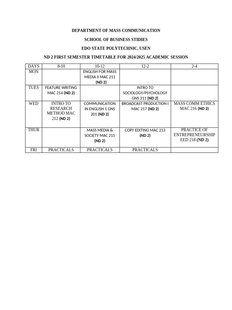 Nd 2 Timetable | PDF