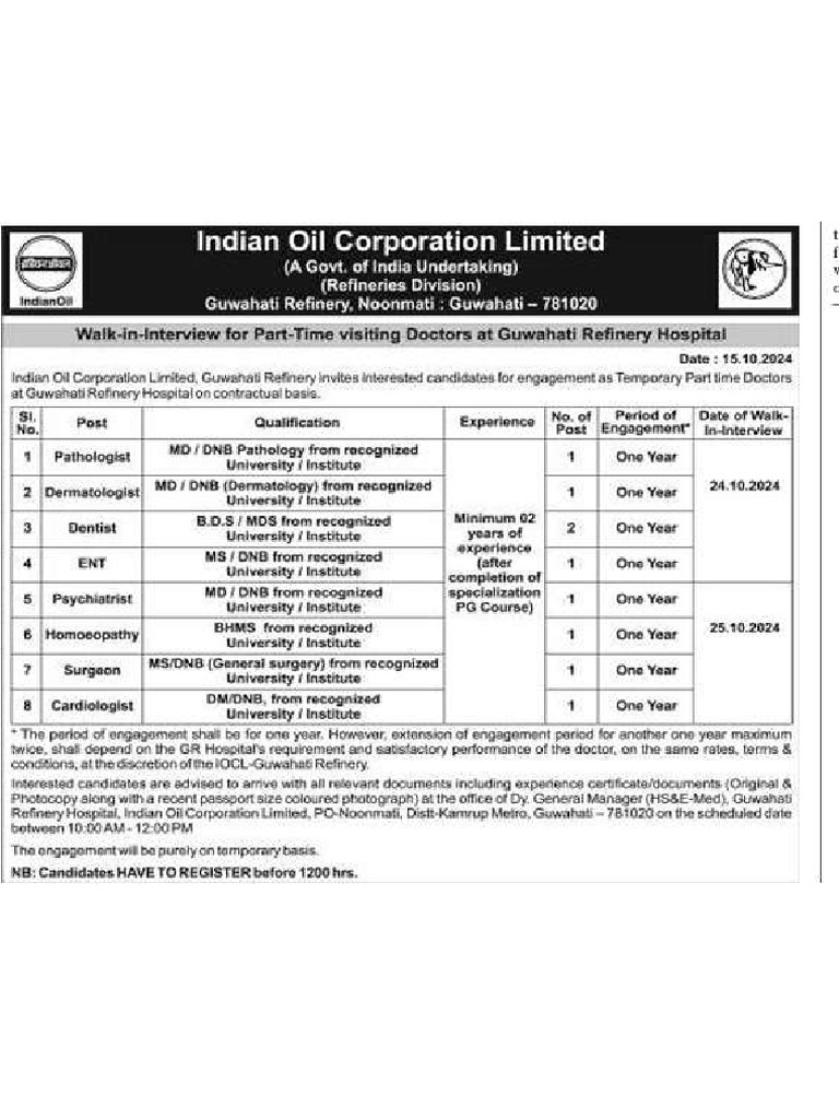 IOCL Guwahati Refinery Hospital Recruitment 2024 Notification (1) | PDF