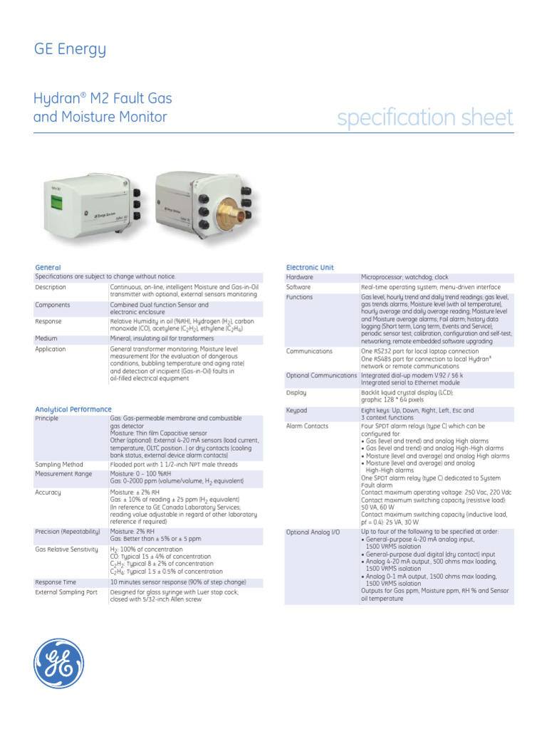 Brochure Hydran M2 English Spec Sheet | PDF | Relay | Sensor