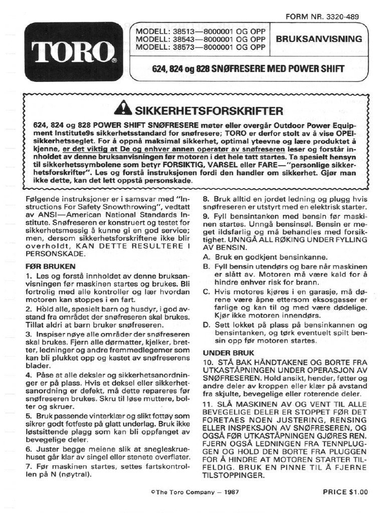 Toro 824 Bruksanvisning | PDF