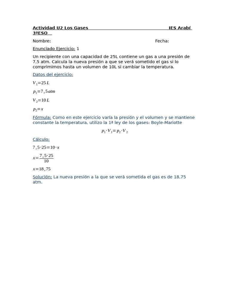 Actividad U2 Los GasesIES Arabí 3ºESO 2 | PDF