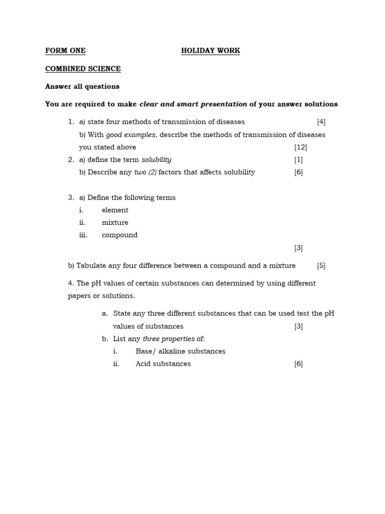 Form One Holiday Work | PDF