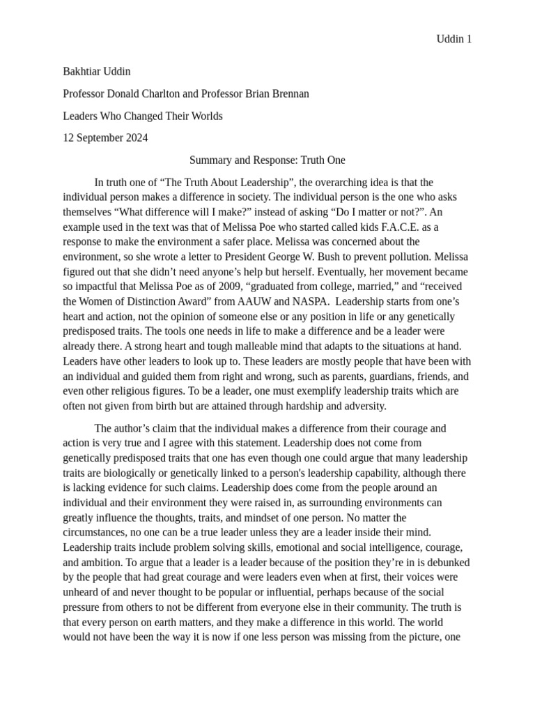 FIQWS Truth 1 Summary Response Essay | PDF | Leadership