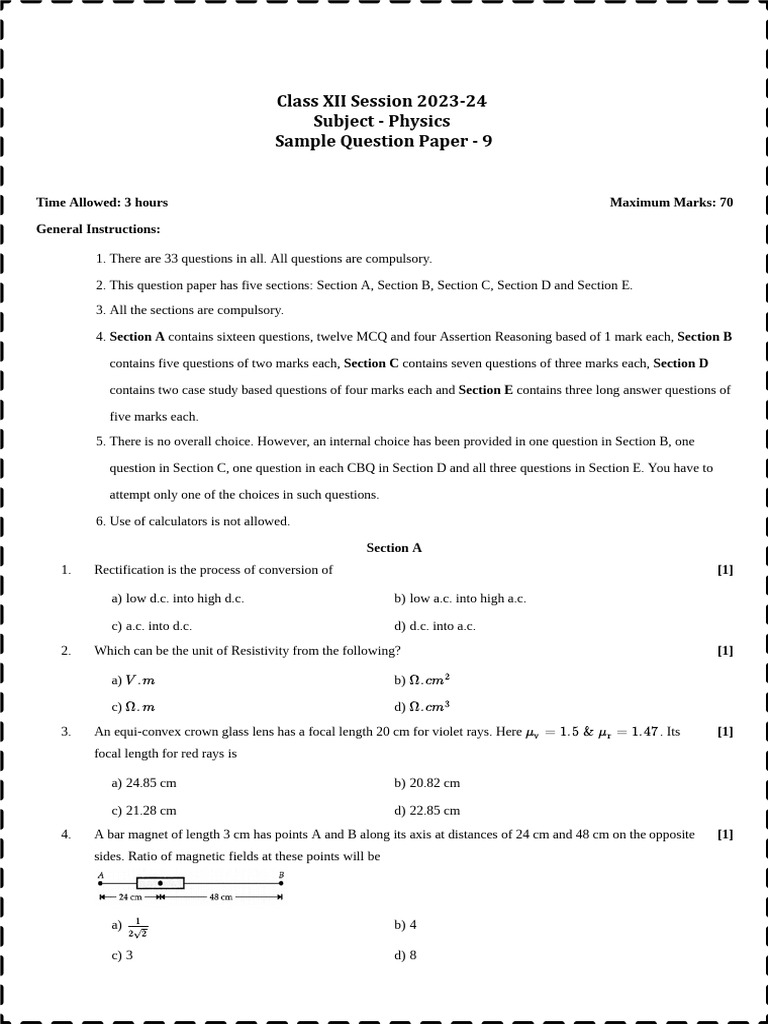 Class XII Physics Sample Paper 2023-24 | PDF | Electric Charge | Electron