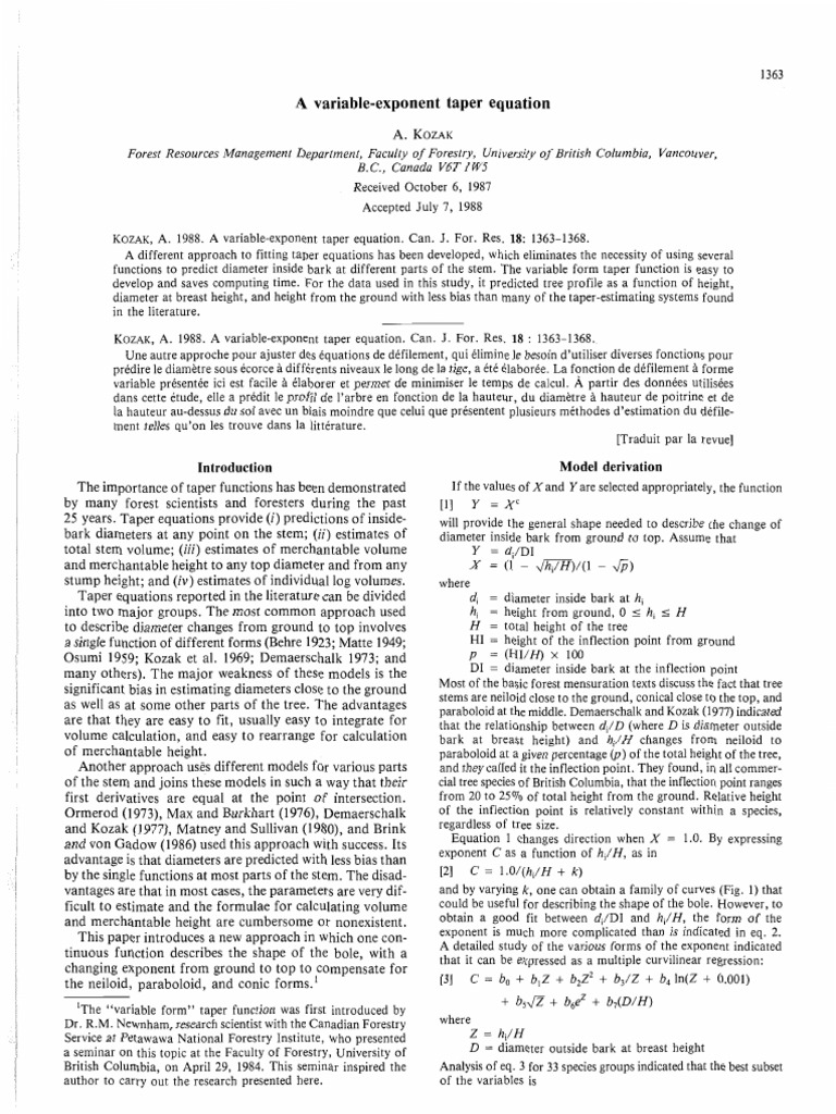 A Variable-Exponent Taper Equation - Kozak - 1988 | PDF | Trees