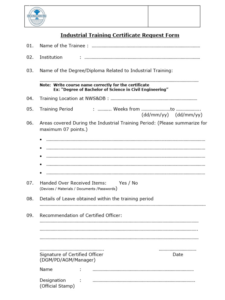 Industrial Training Certificate Request Form | PDF