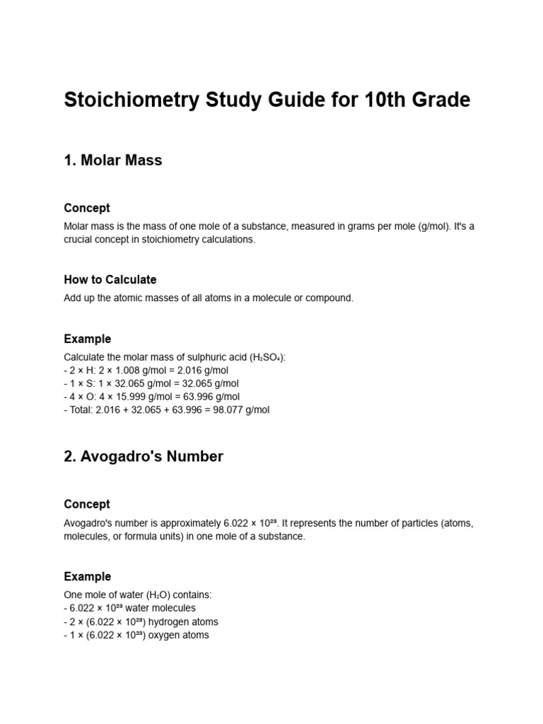 10.4 G10 Stoichiometry Study Guide | PDF | Mole (Unit) | Stoichiometry