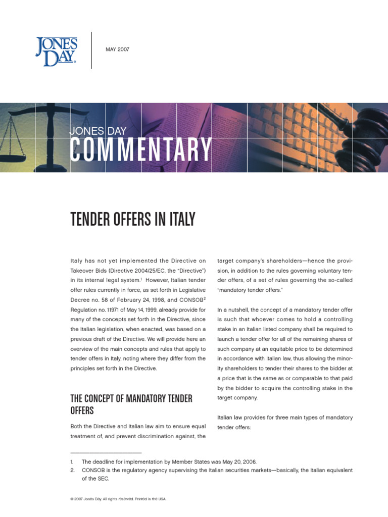 Overview of Italy's Tender Offer Rules | PDF | Securities (Finance ...