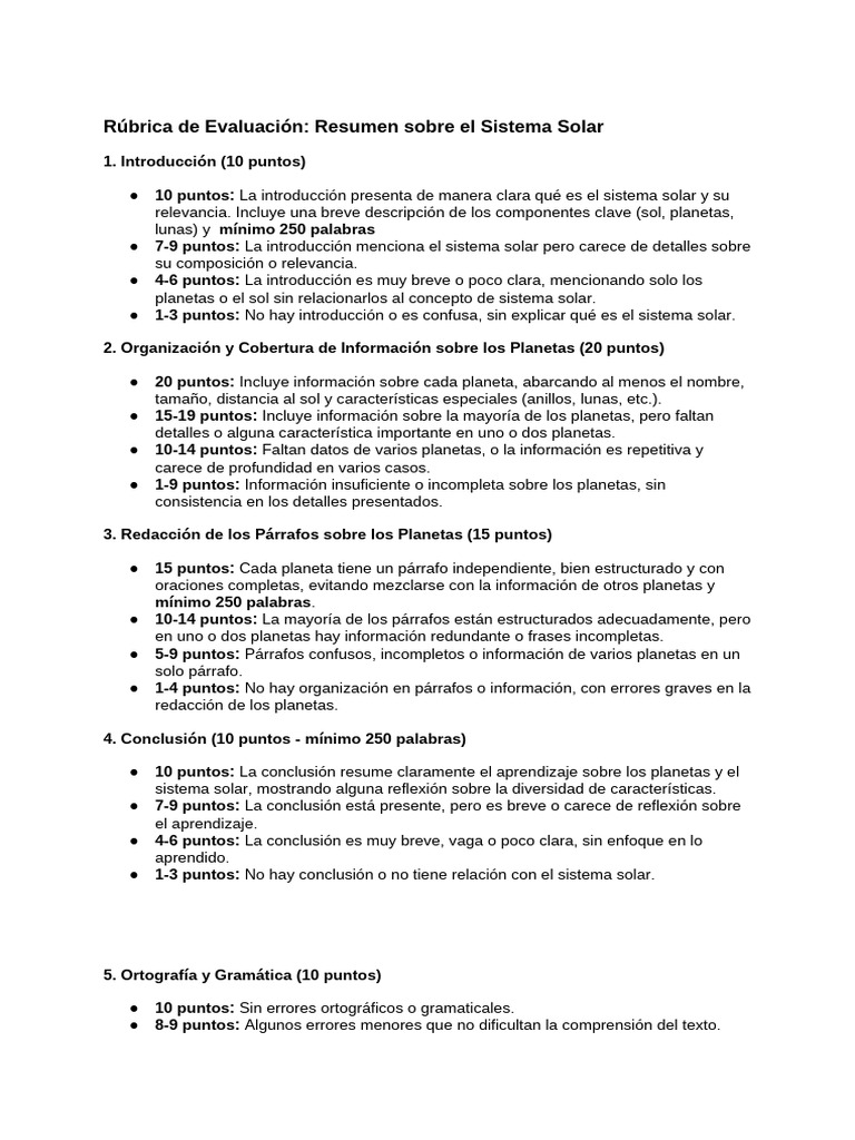Rúbrica de Evaluación del Sistema Solar | PDF | Información | Sistema solar