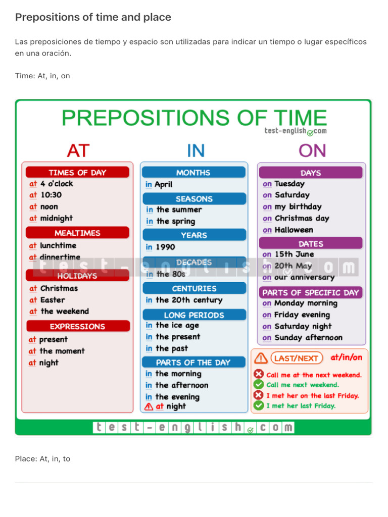 Prepositions of Time and Place | PDF