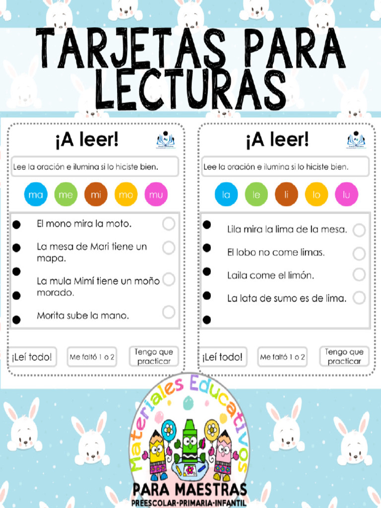 Tarjetas para Evaluar Lectura Recopilado Por Materiales Educativos para Maestras | PDF