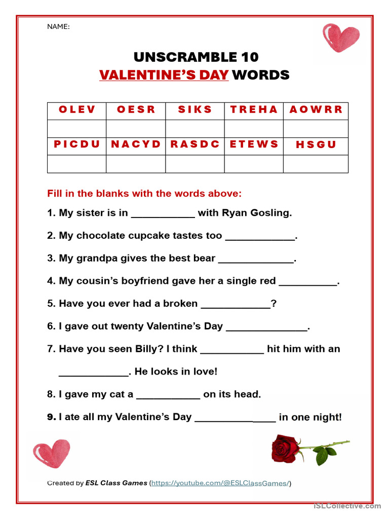 Unscramble 10 Valentine's Day Words With Fill-in-the-Blanks (+ Video) | PDF