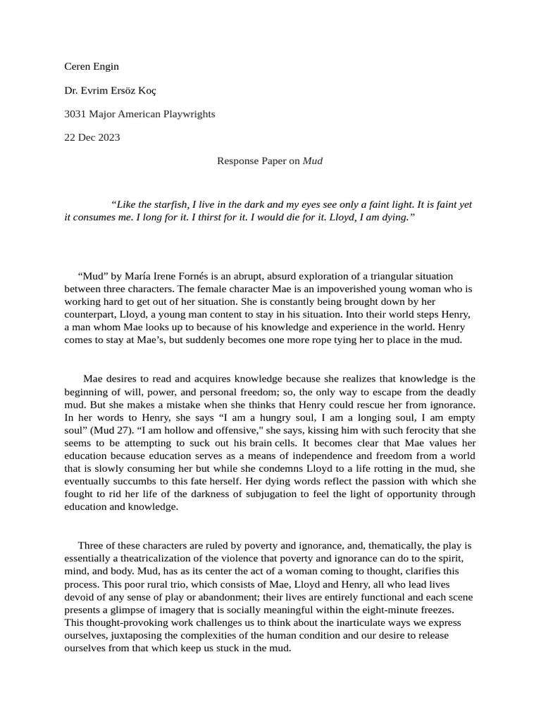 Ceren Engin- Response Paper-Mud | PDF