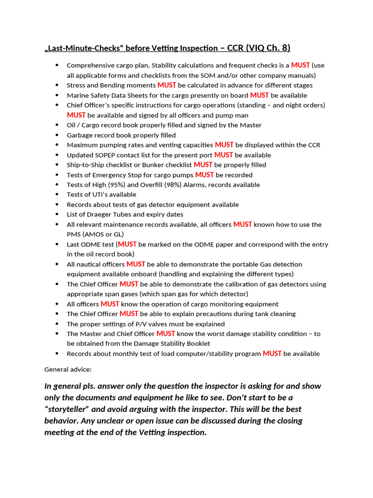 Last Minute Checks Vetting CCR | PDF | Equipment
