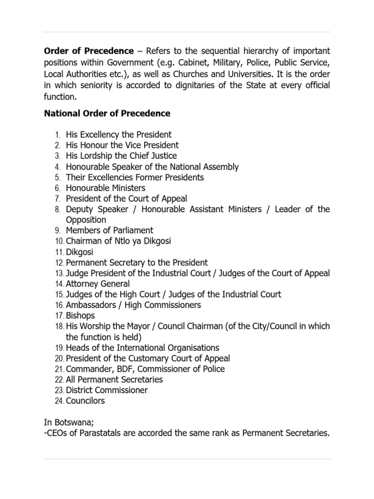 National Order of Precedence in Botswana | PDF | Judge | Government ...