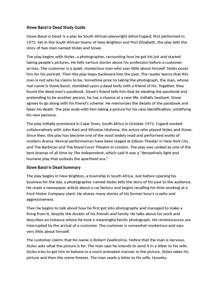 Sizwe Banzi Is Dead Study Guide | PDF
