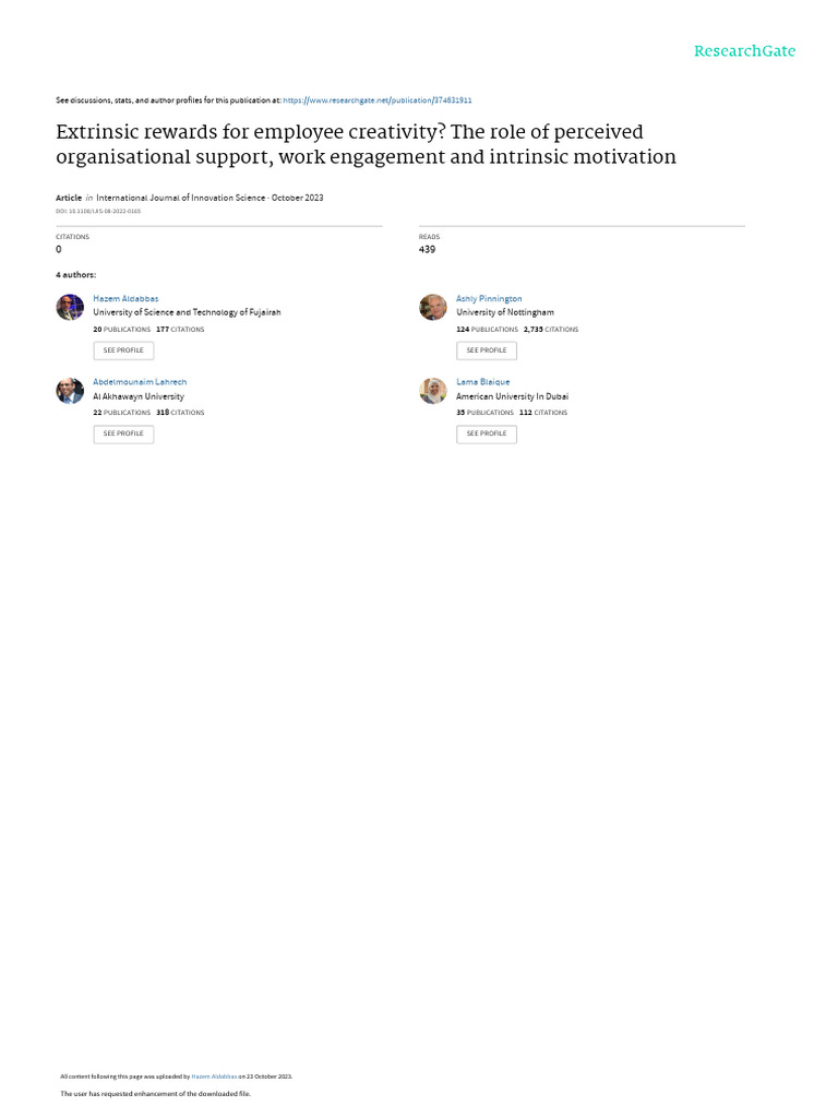 Extrinsic Rewards For Employee Creativity? The Role of Perceived ...