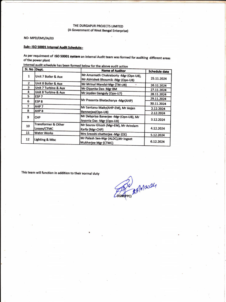 ISO 50001 Internal Audit Schedule | PDF
