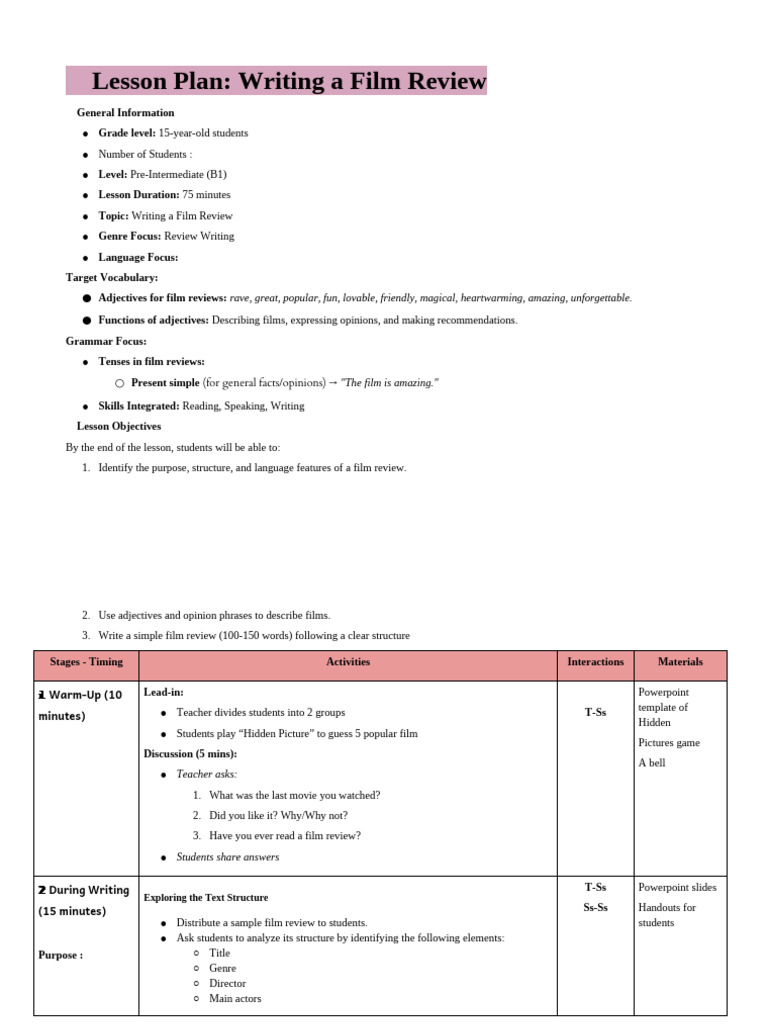 ? Lesson Plan - Writing A Film Review | PDF | Adjective | Linguistic ...