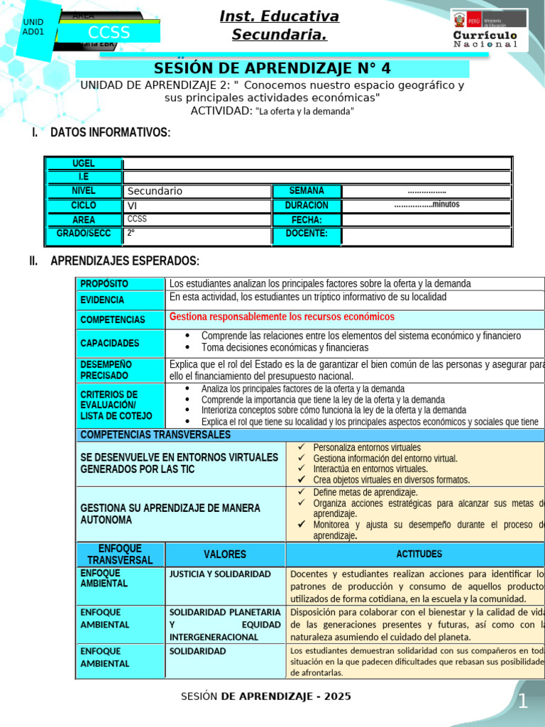 Sesion CCSS 2° Sec-Semana 04 Uni. 2 | PDF | Oferta (economía) | Aprendizaje