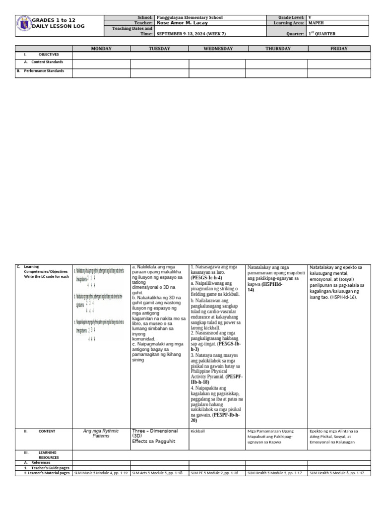 DLL - Mapeh 5 - Q1 - W6 | PDF